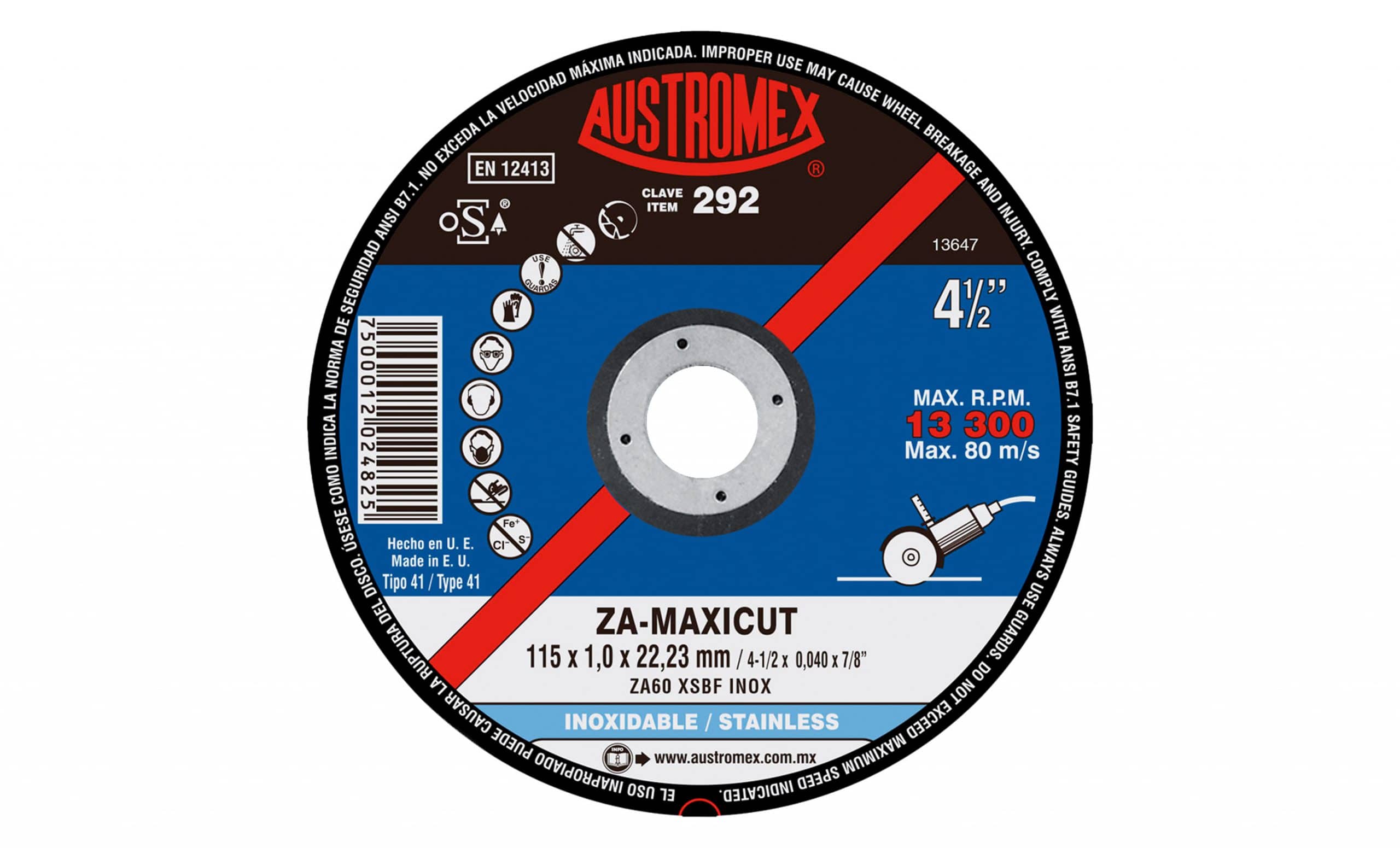 Disco Corte Acero Inoxidable De 4-1/2" X 0.040" X 7/8" Austromex 292 ...